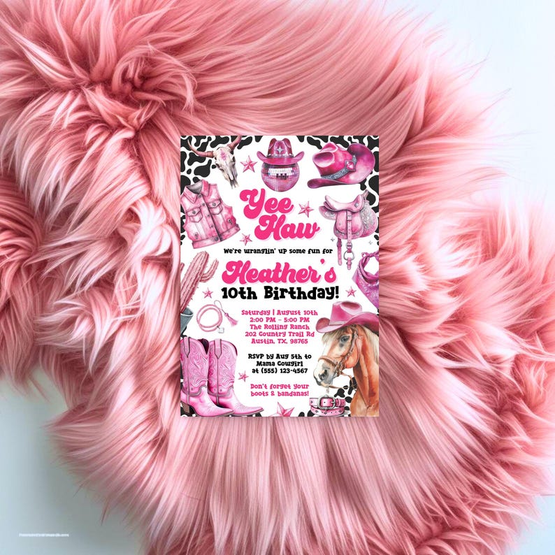 Editable Pink Cowgirl Horse Birthday Invitation Template, Western Disco ...
