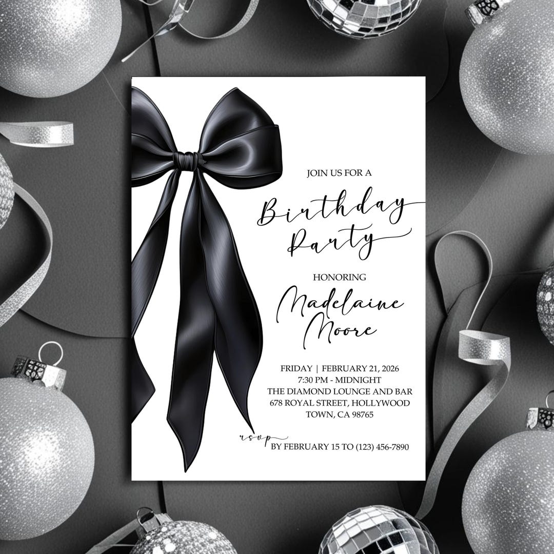 Editable Black Bow Birthday Invitation Template, Coquette Black Bow ...