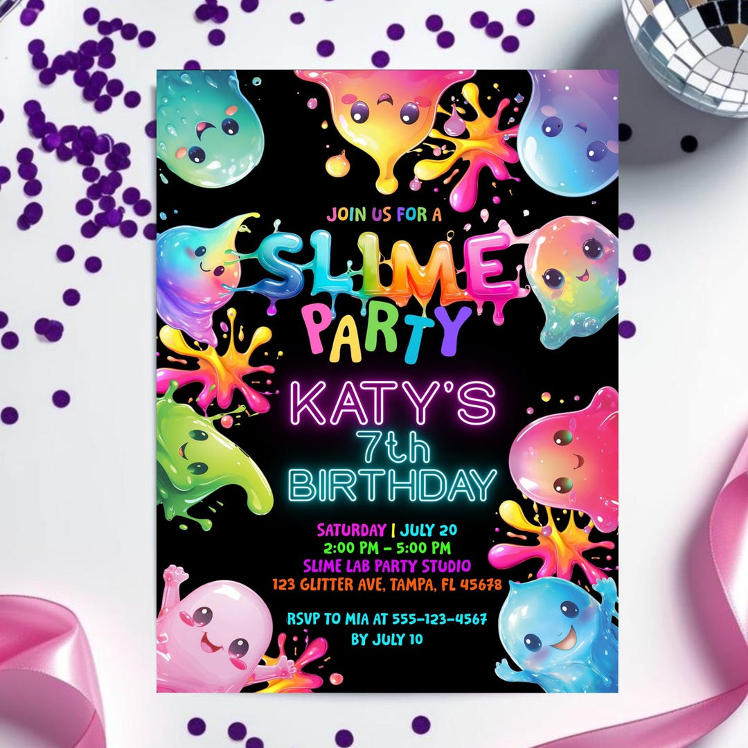 Editable Slime Time Invitation, Neon Glow Slime Birthday Party Template ...