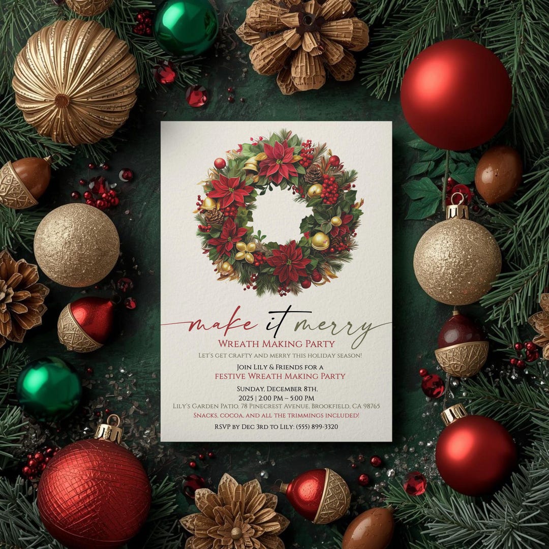 Editable Festive Wreath Making Party, Christmas Party Invitation, Make ...