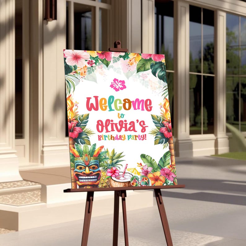 Aloha Luau Birthday Welcome Sign Editable, Hawaiian Tropical Party ...