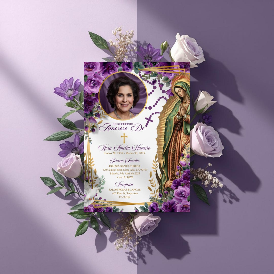 Purple Spanish Catholic Funeral Invitation, Invitación De Servicio ...