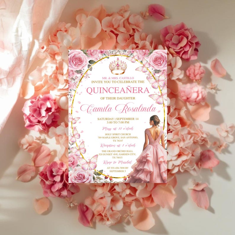 Editable Pink & Rose Gold Quince Party, Floral Mis Quince Anos, Sweet ...