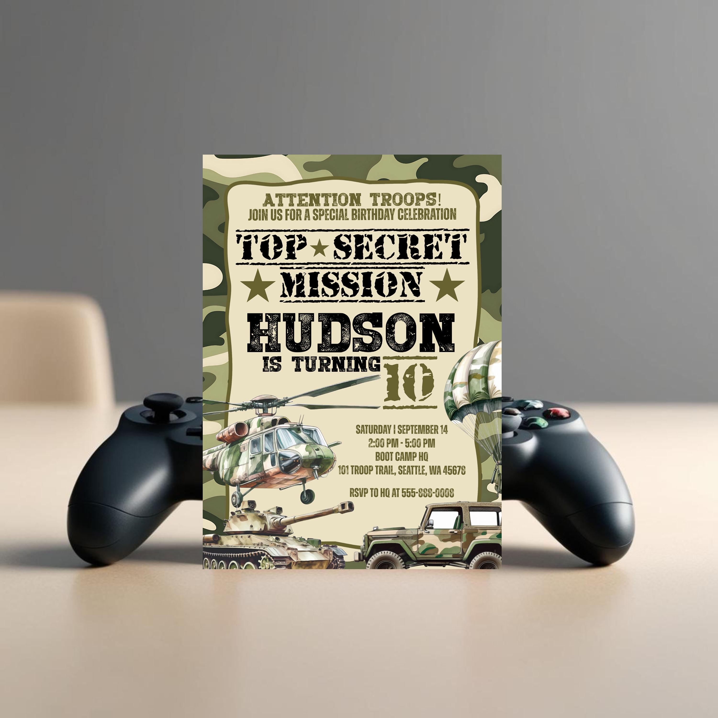 Military Birthday Party Invite, Army Theme Invitation for Kids ...