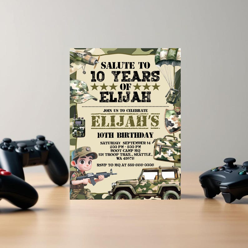 Soldier Party Invitation for Kids, Editable Military Birthday Invite ...