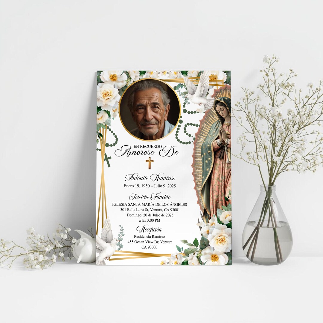 Invitación Funeral Católica En Español Editable, Rosa Blanca Verde ...