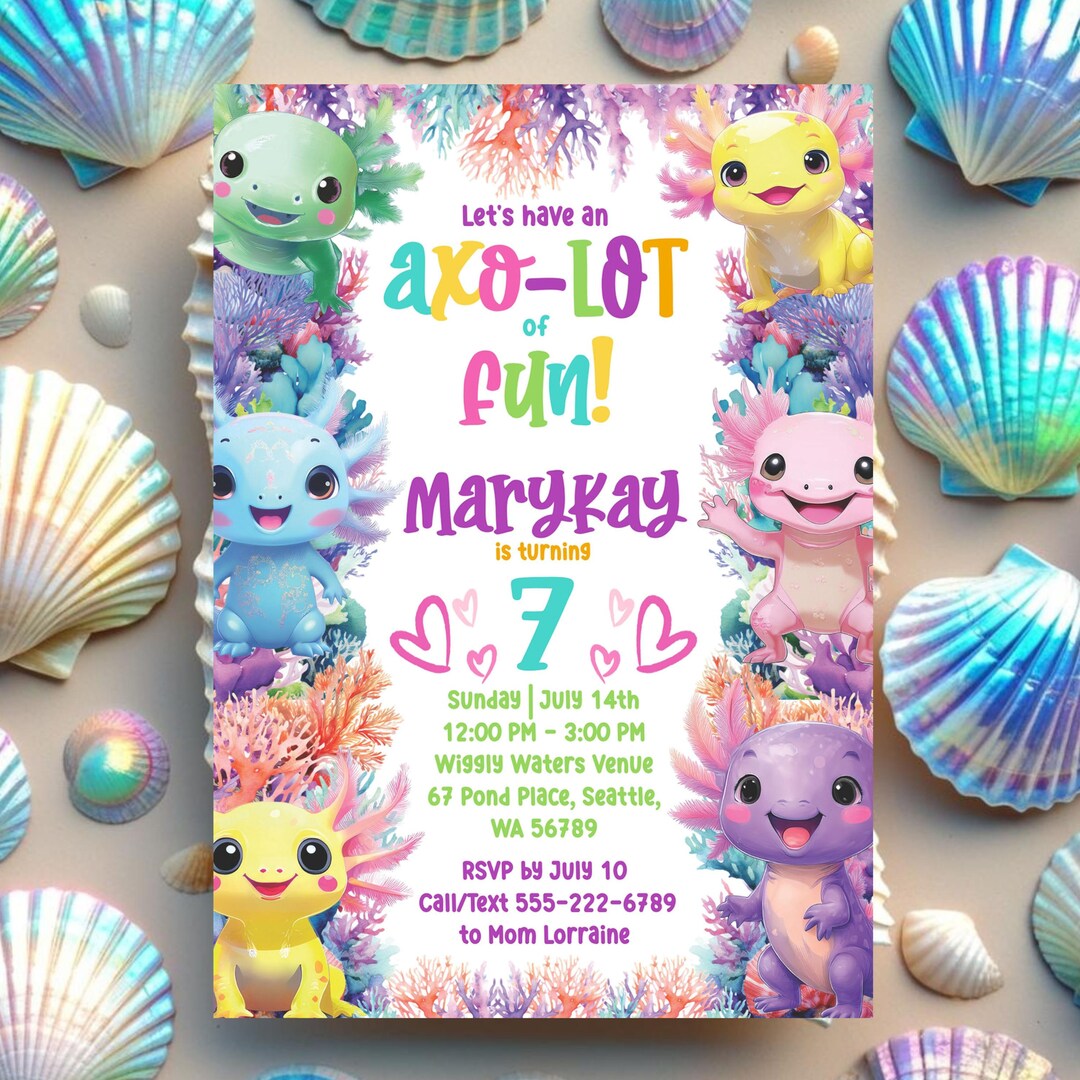 Cute Axolotl Birthday Invitation, Axolotl Party Invites, Under Sea ...