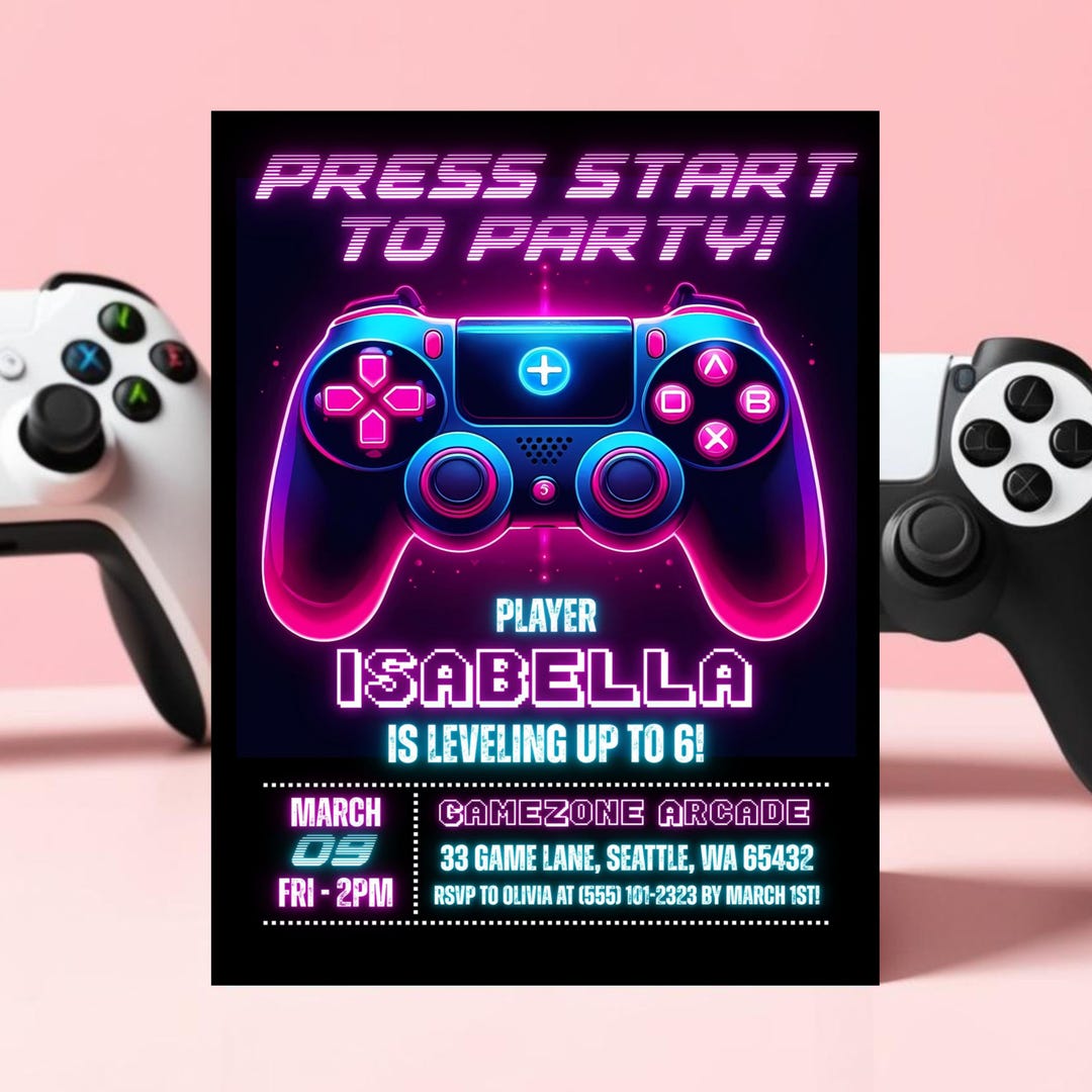 Level up Birthday Invitation for Girls, Gamer Party Invite, Video Game ...