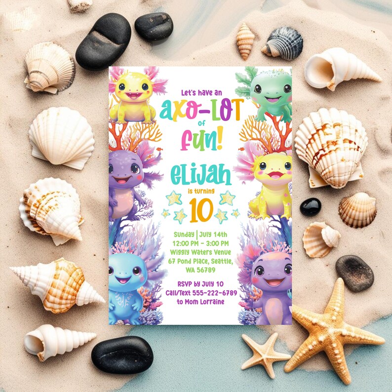 Axolotl Birthday Invitation Template, Axolotl Party Invites, Under Sea ...