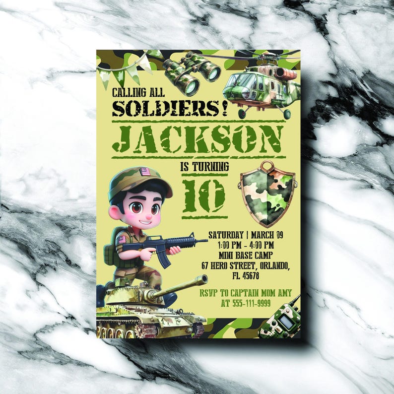 Military Birthday Invitation, Army Party Invite, Editable Soldier ...