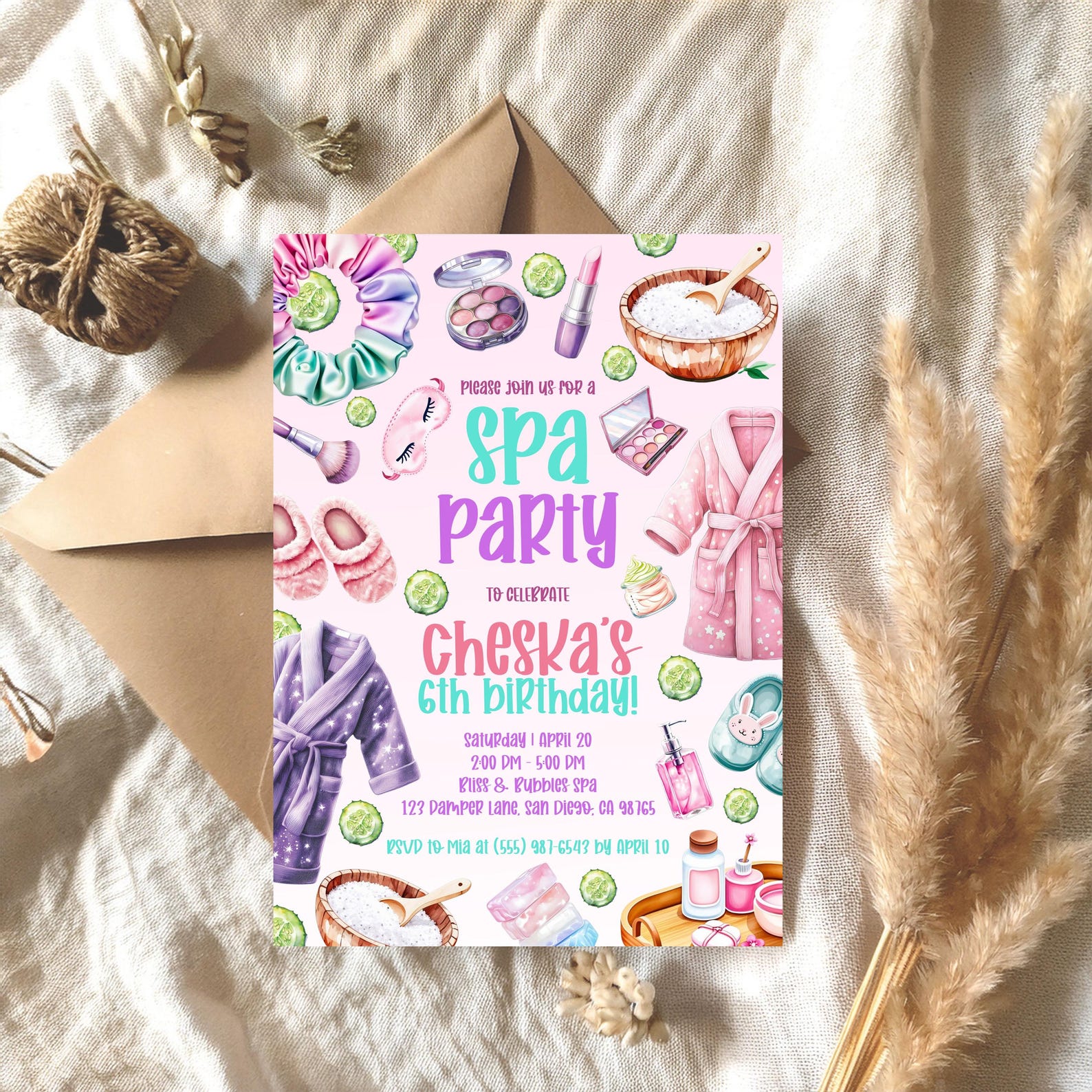 Pamper Spa Party Birthday Invitation, Editable Invite for Girls, Pamper ...