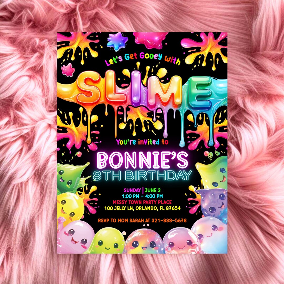 Neon Glow Slime Party Invitation for Kids, Editable Slime Birthday ...