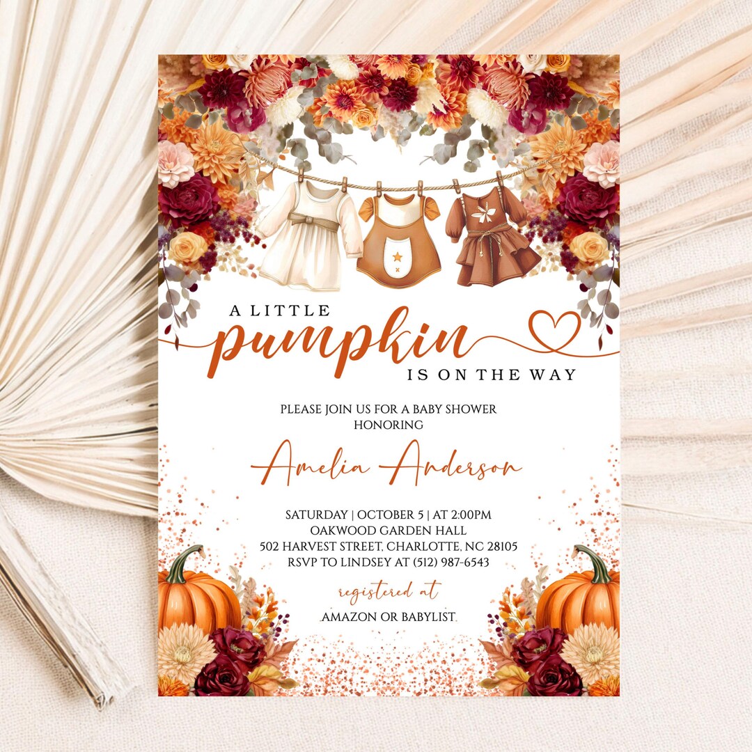 Fall Baby Shower Invitation Girl, Editable Little Pumpkin Baby Shower ...