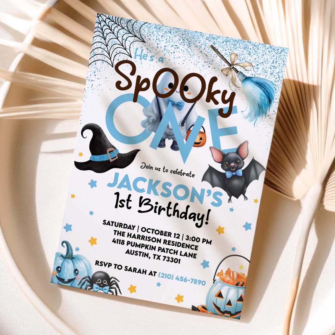 Editable Spooky One Invitation Blue Boy, Halloween Party Ghost 1st ...