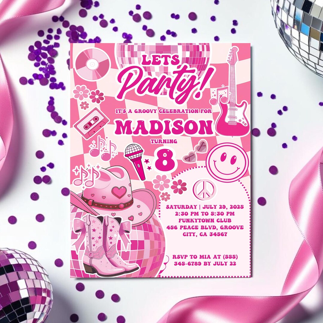 Pink Editable Retro Groovy Birthday Invitation, Groovy Retro Birthday ...
