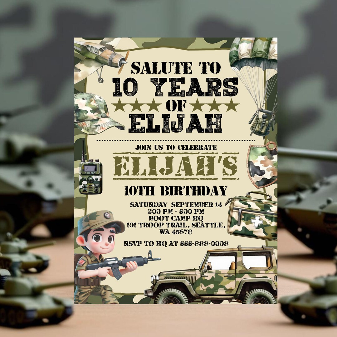 Soldier Party Invitation for Kids, Editable Military Birthday Invite ...