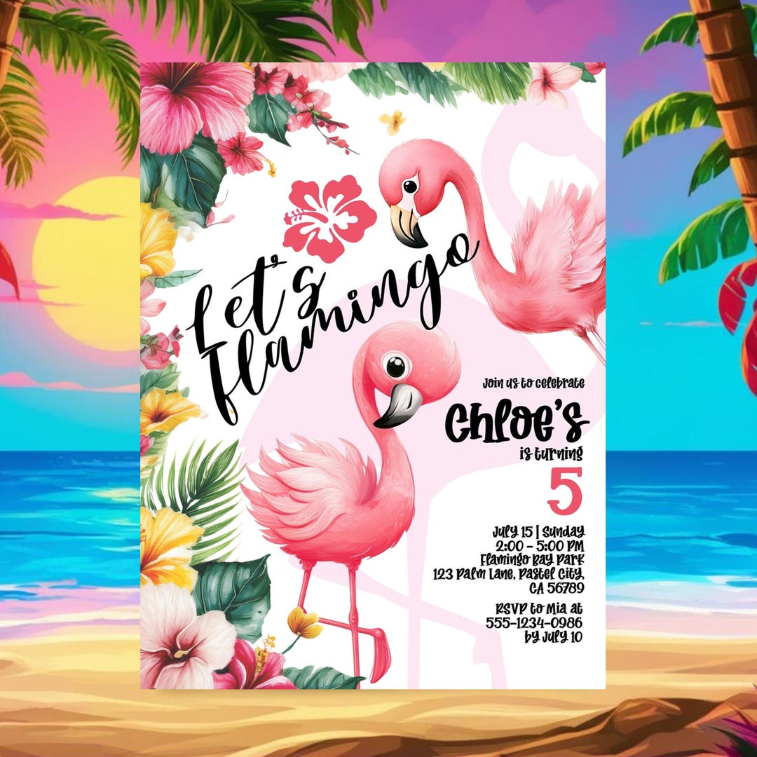 Tropical Birthday Invitation, Flamingo Party Invite, Editable Girl ...