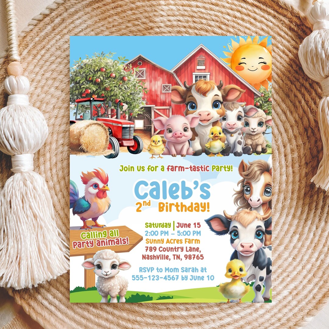Editable Farm Animals Birthday Invitation, Red Barnyard Party Invite ...