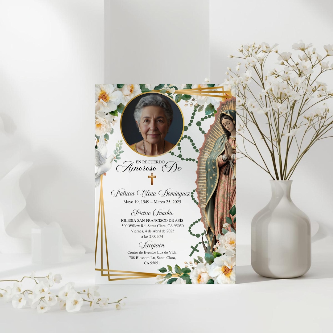 Invitación Fúnebre Católica Editable En Español, Rosa Blanca Verde ...