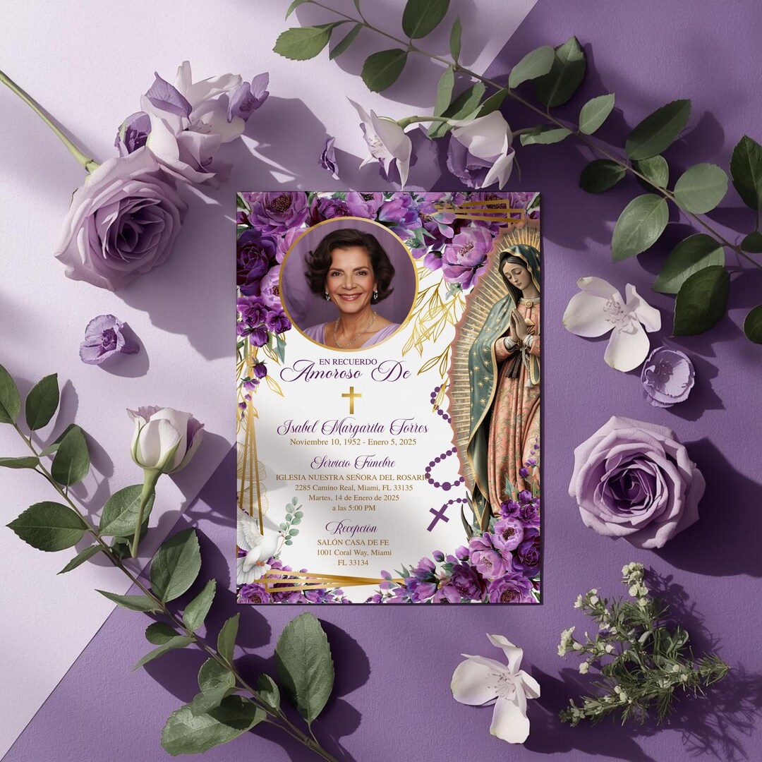 Plantilla De Invitación Funeraria Floral Violeta Virgen De Guadalupe ...
