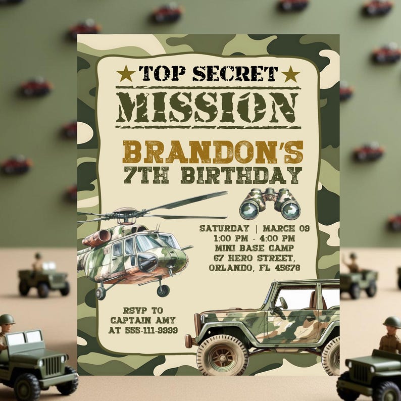 Army Birthday Invitation for Kids, Editable Military Party Invite ...