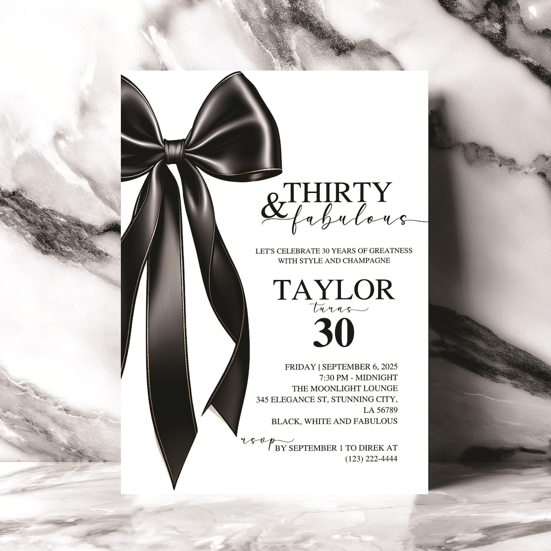 Classy Black Bow 30th Birthday Invitation, Elegant 30th Birthday ...