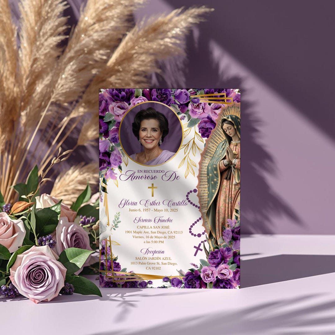 Invitación Funeraria Con Flores Moradas De La Virgen De Guadalupe ...