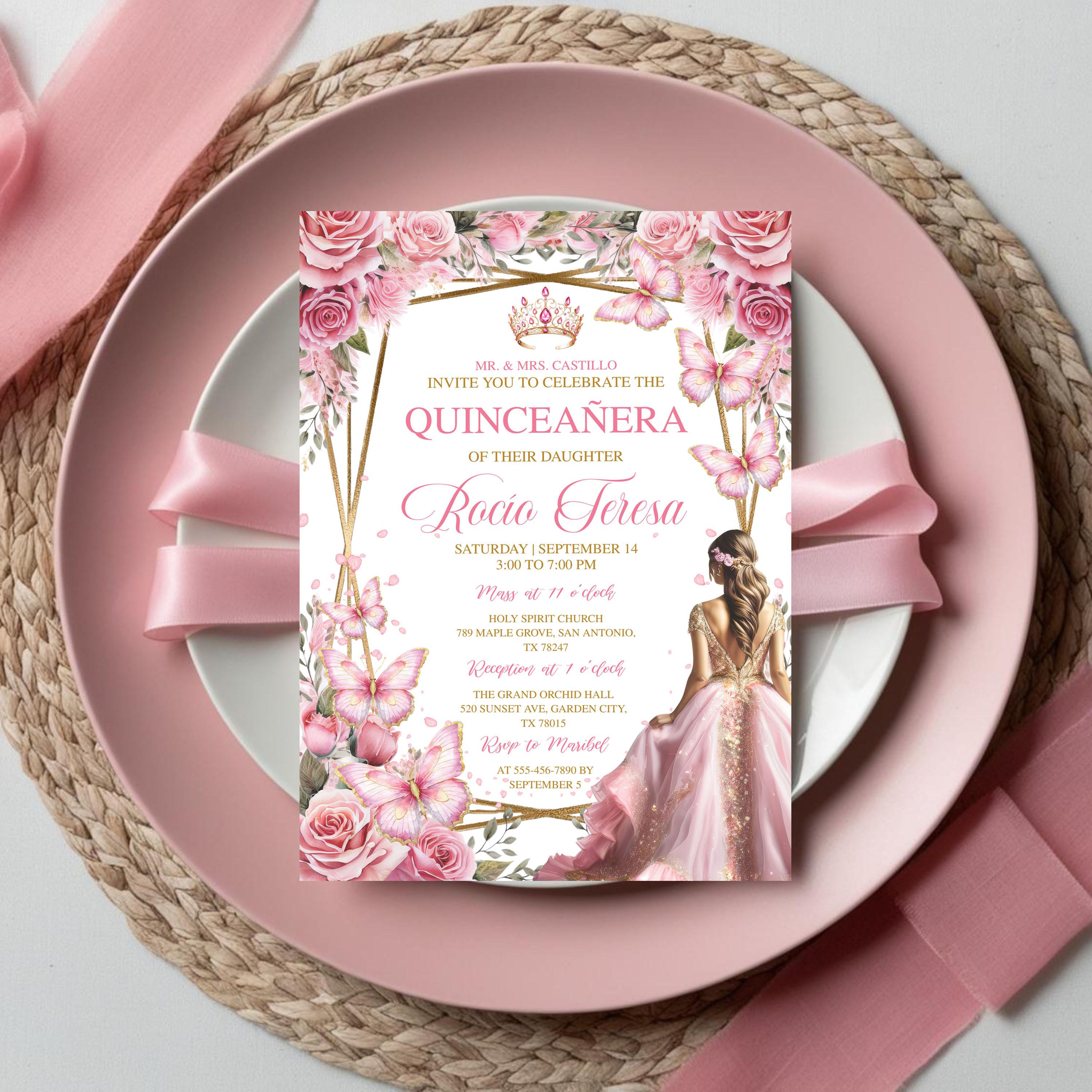 Editable Pink Quinceañera Invitation, Rose Gold Tiara, Floral Butterfly ...