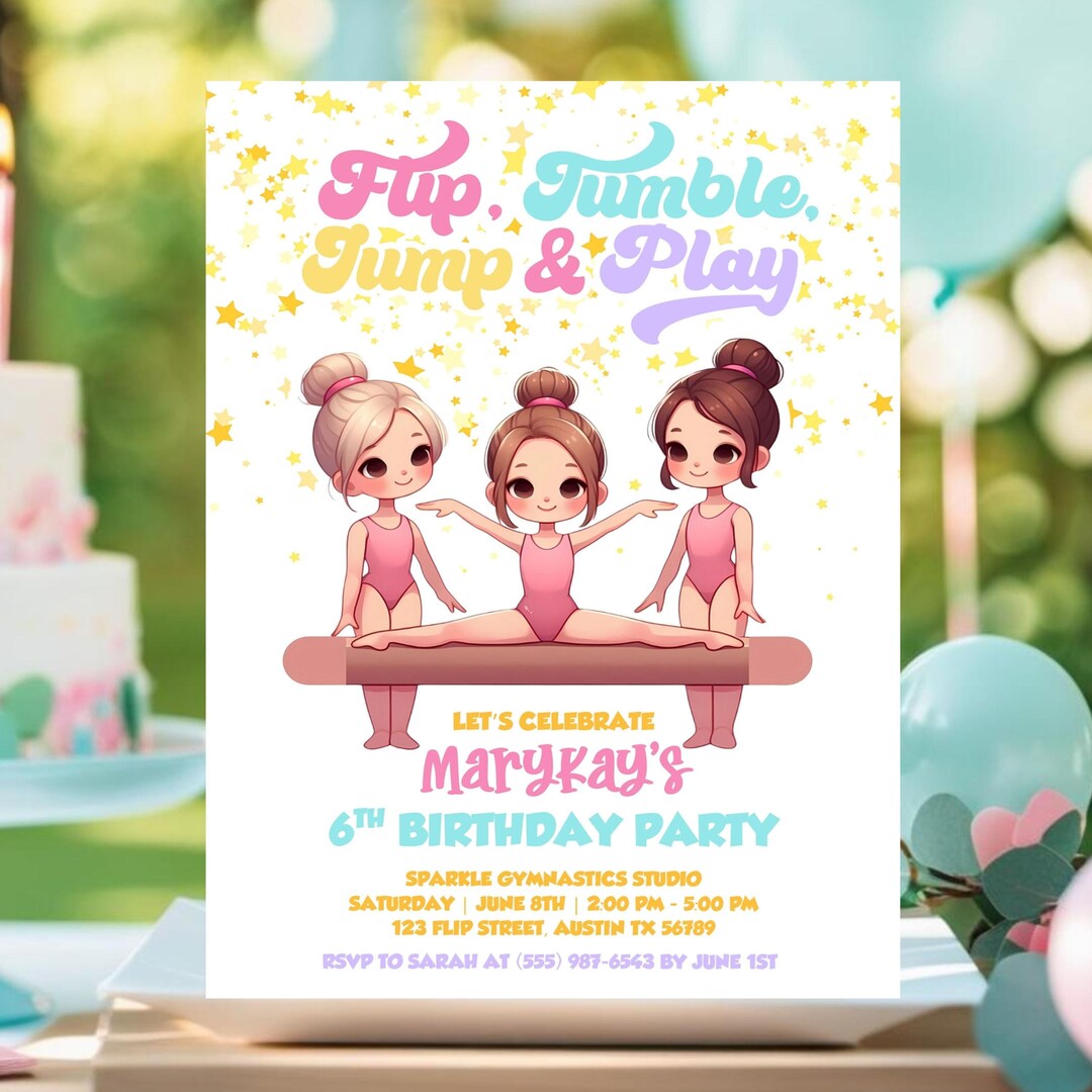 Gymnastics Birthday Invitation for Girls, Editable Template, Gymnastic ...