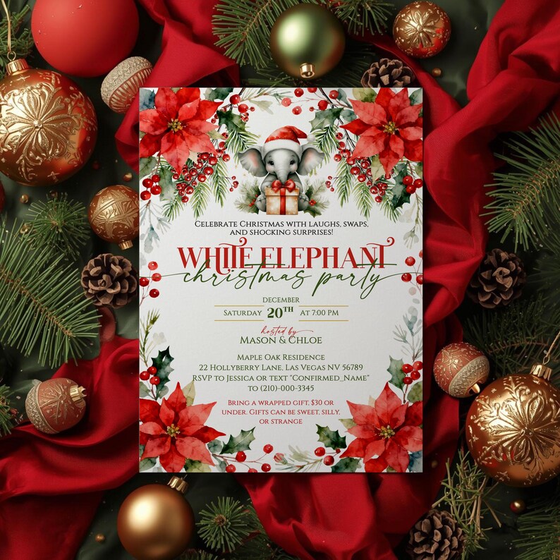 White Elephant Holiday Gift Exchange Invitation, Editable Christmas ...