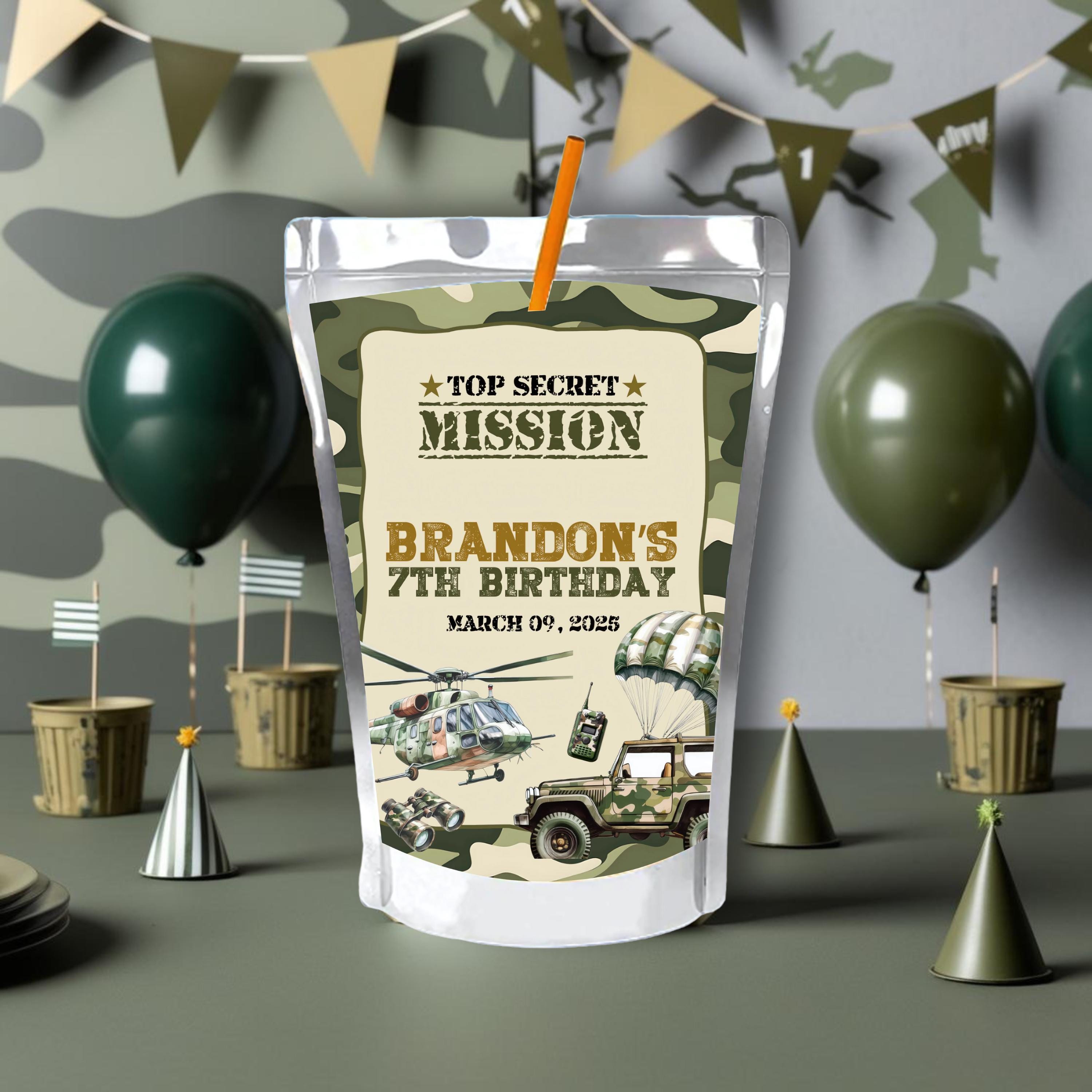 Editable Military Army Juice Pouch Label, Camo Birthday Party Decor ...