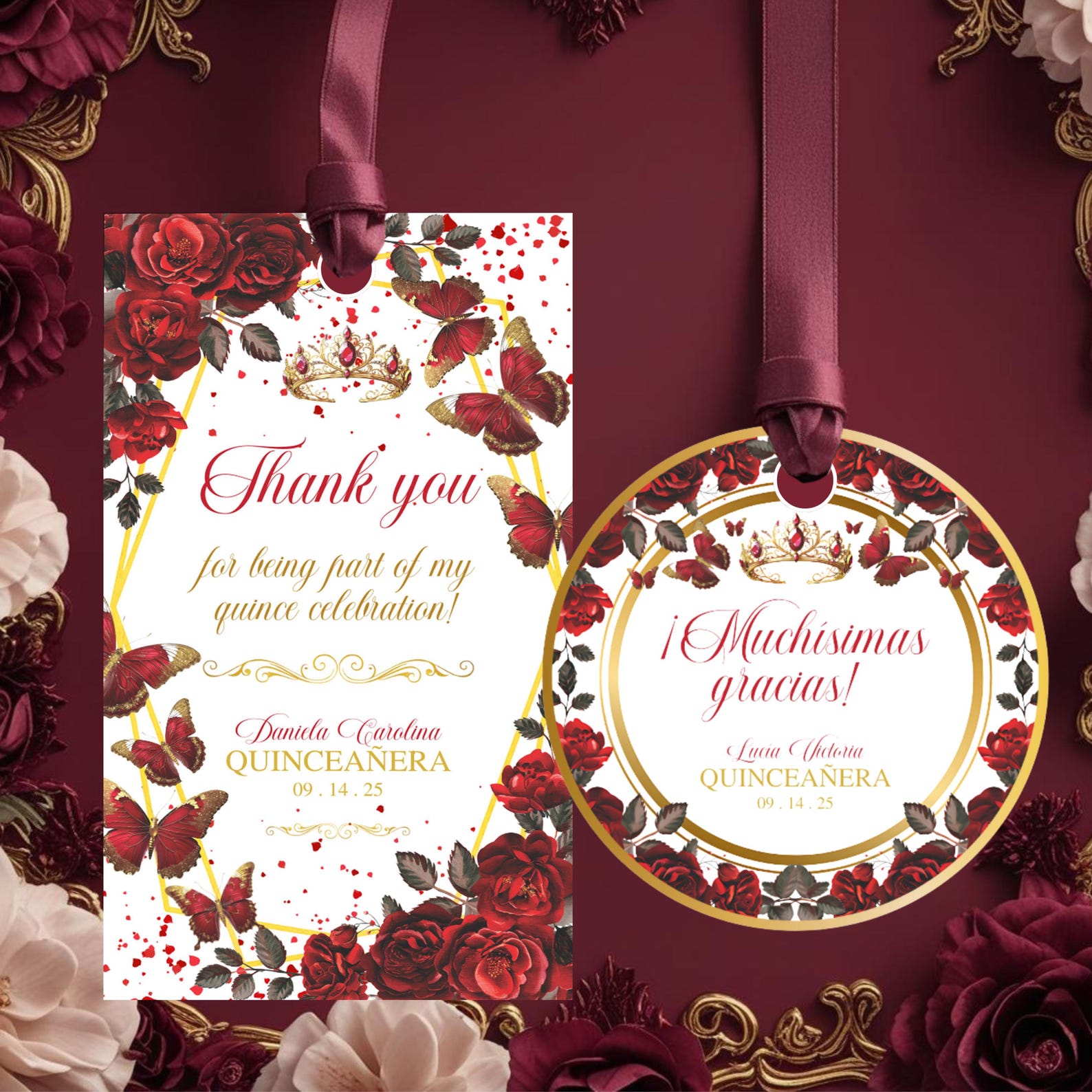 Editable Mis Quince Anos Gracias Tag, Burgundy Red & Gold Party Favor ...