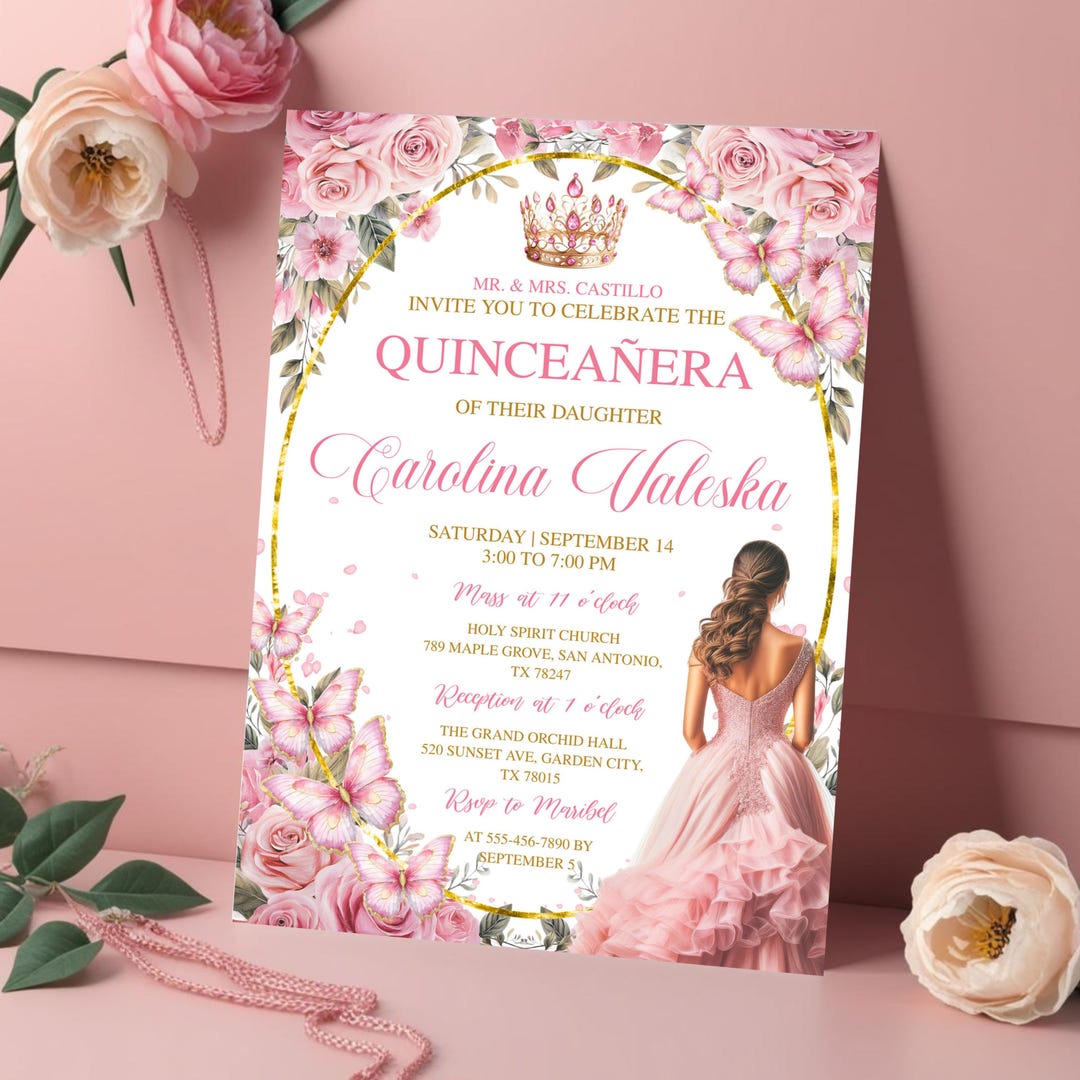 Editable Pink Quinceañera Invitation, Rose Tiara, Floral Butterfly, Mis ...