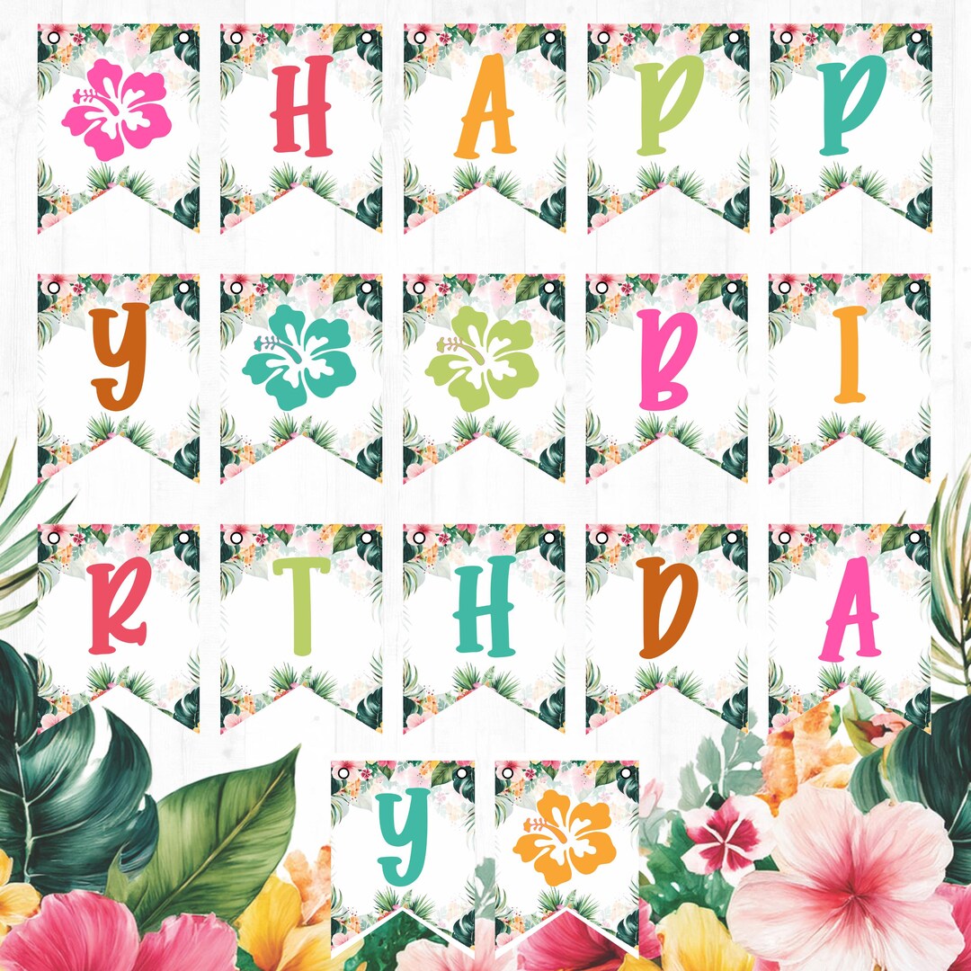 Aloha Luau Birthday Banner for Girl, Hawaiian Tropical Party Bunting ...