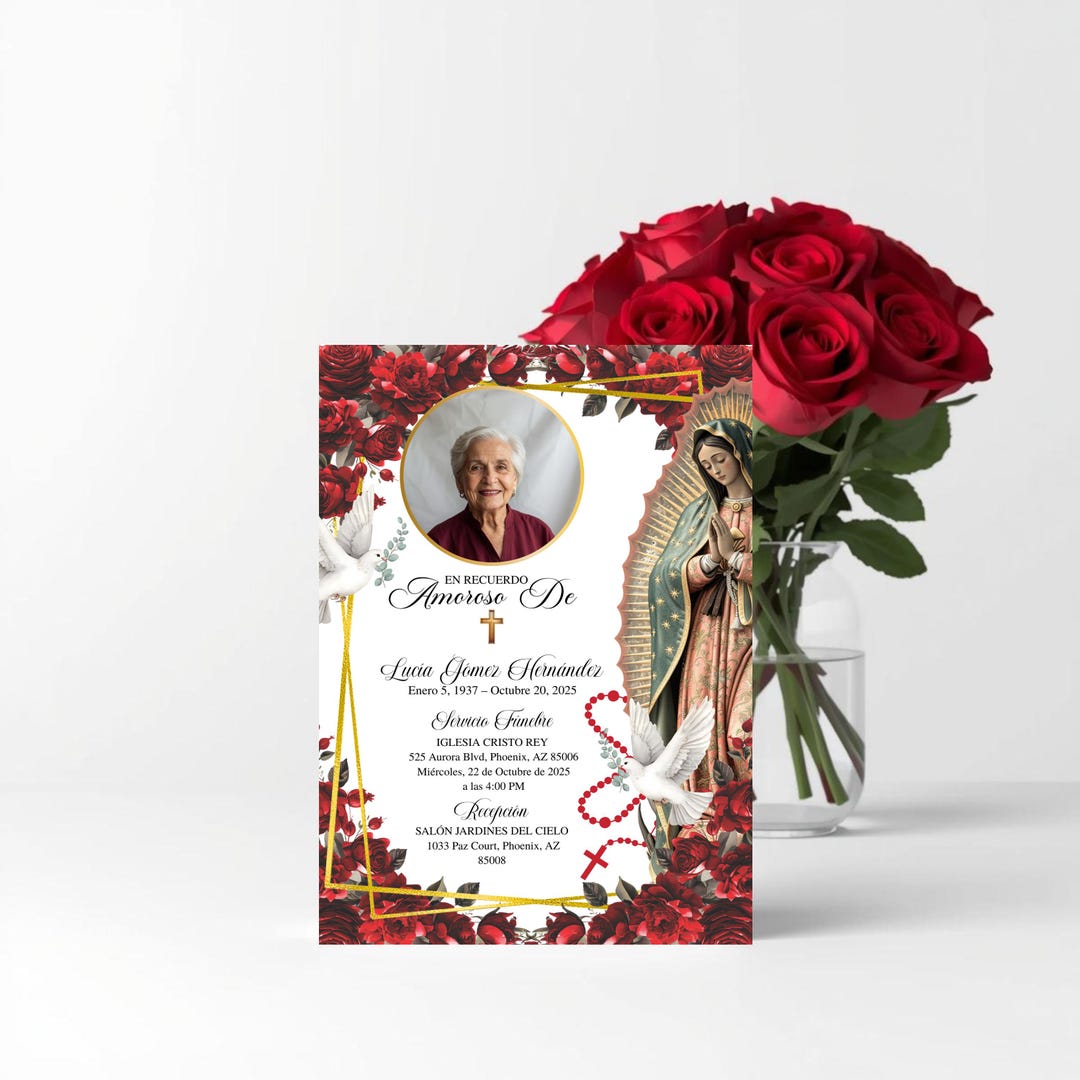 Invitación Funeraria Española Editable Con Rosas Rojas, Virgen De ...