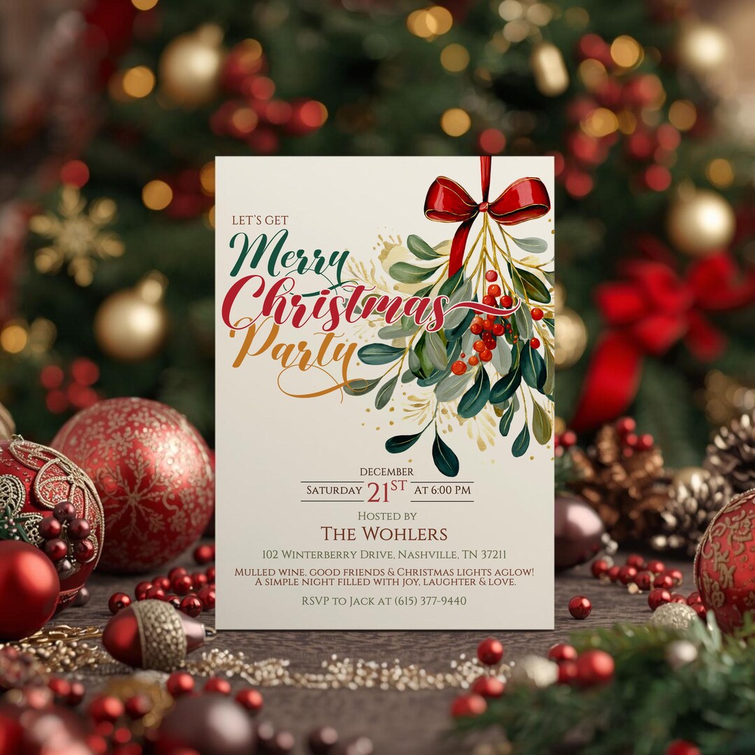Printable Under the Mistletoe Invitation, Let's Get Merry Christmas ...