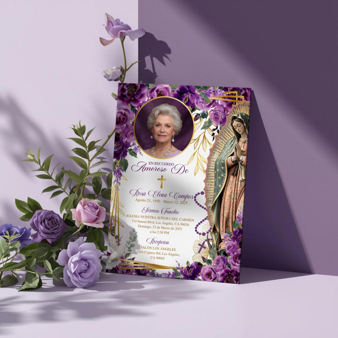 Invitación Funeraria De Rosas Violetas Virgen De Guadalupe, Editable ...