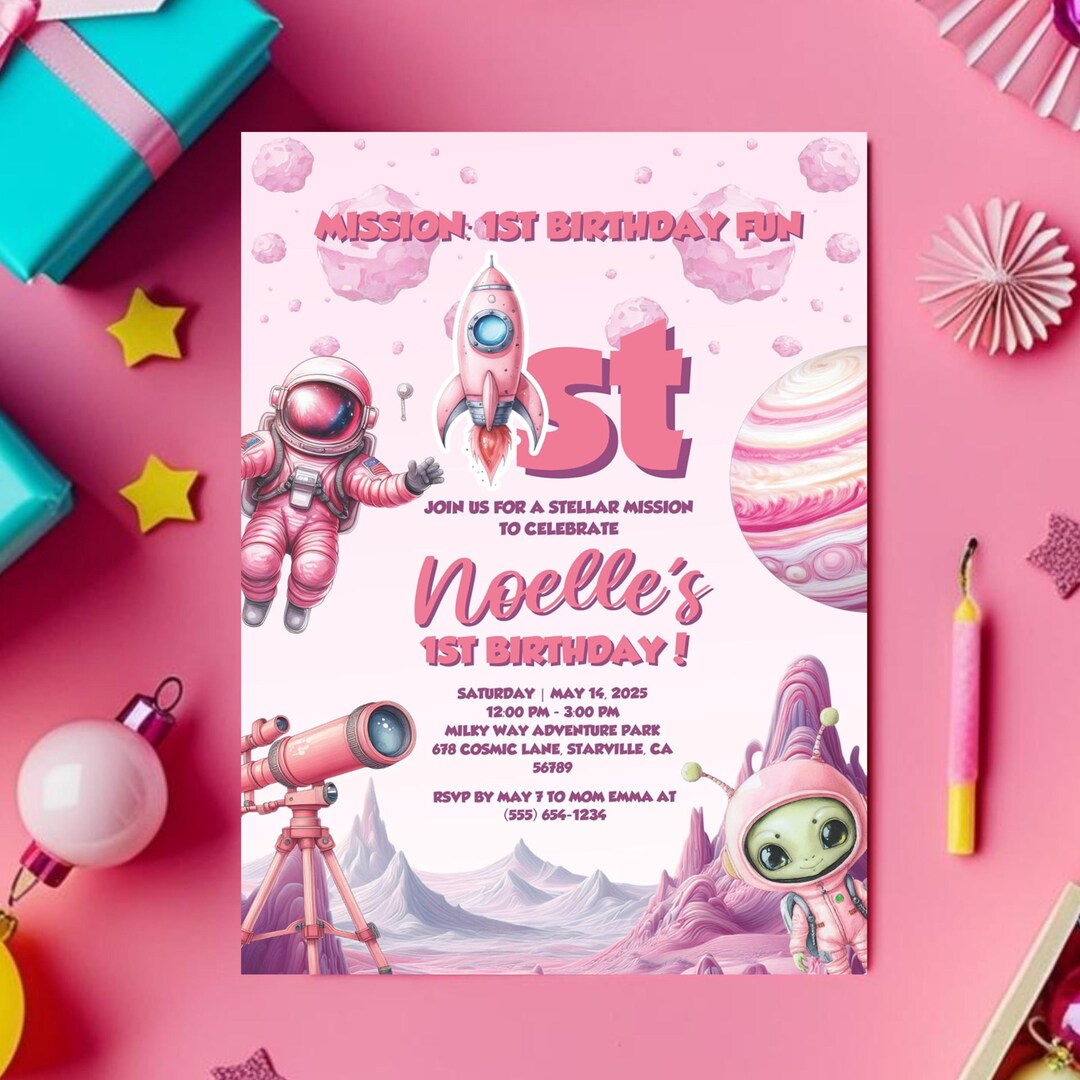 Space Birthday Party Invitation, Rocket Ship, Planets, and Stars ...