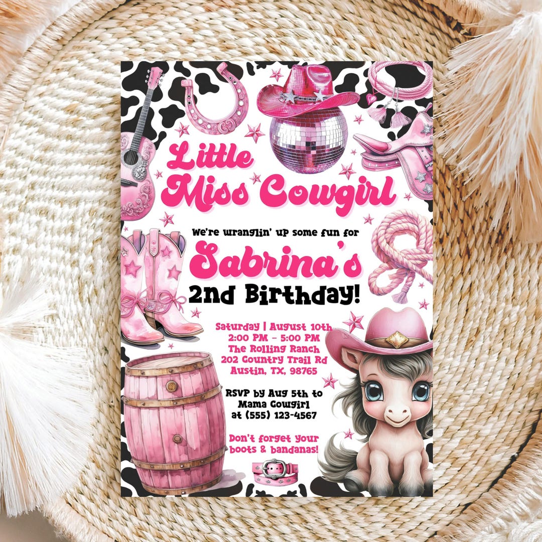 Editable Pink Little Cowgirl Birthday Invitation, Nashville Party ...
