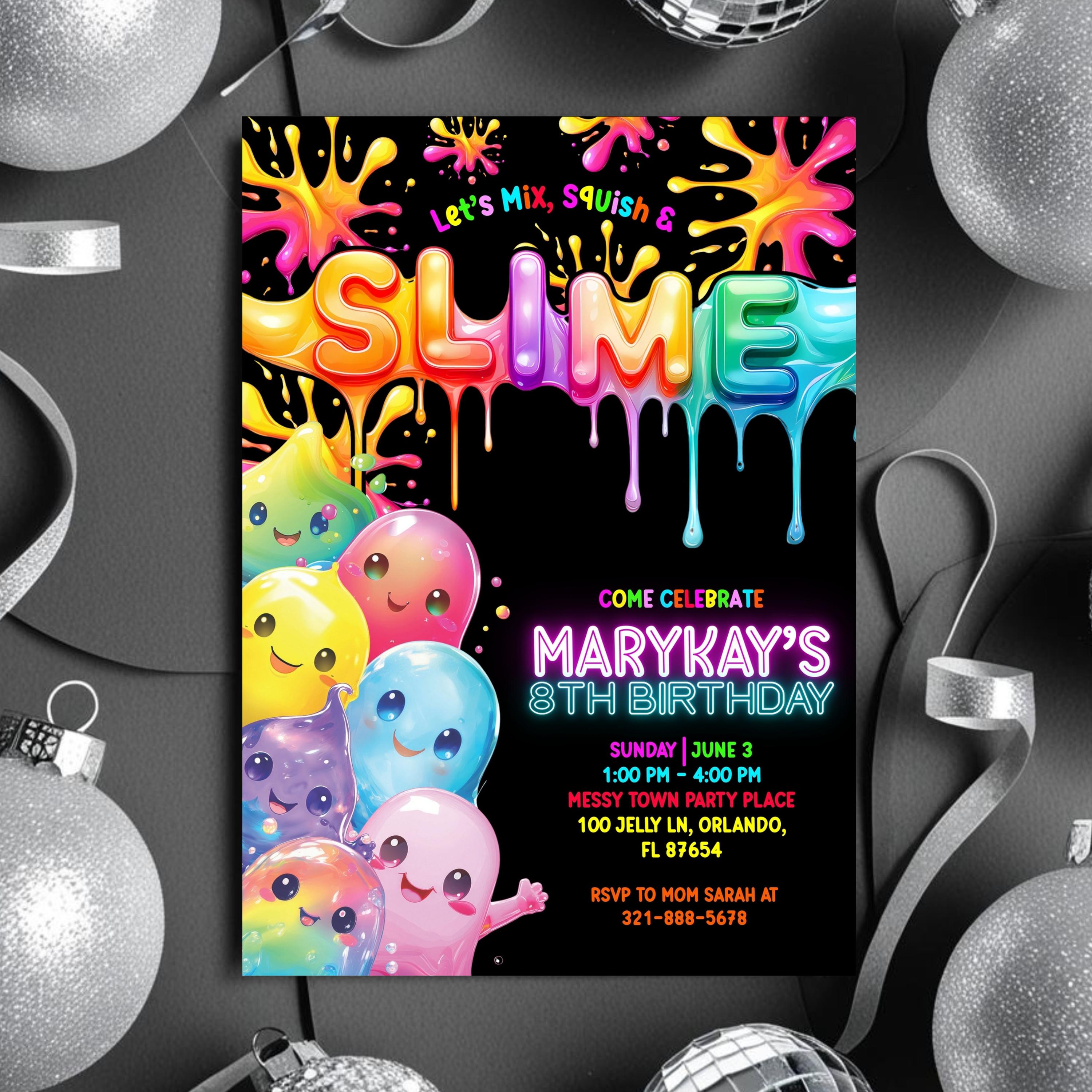 Editable Slime Time Party Invitation Template, Neon Glow Birthday ...