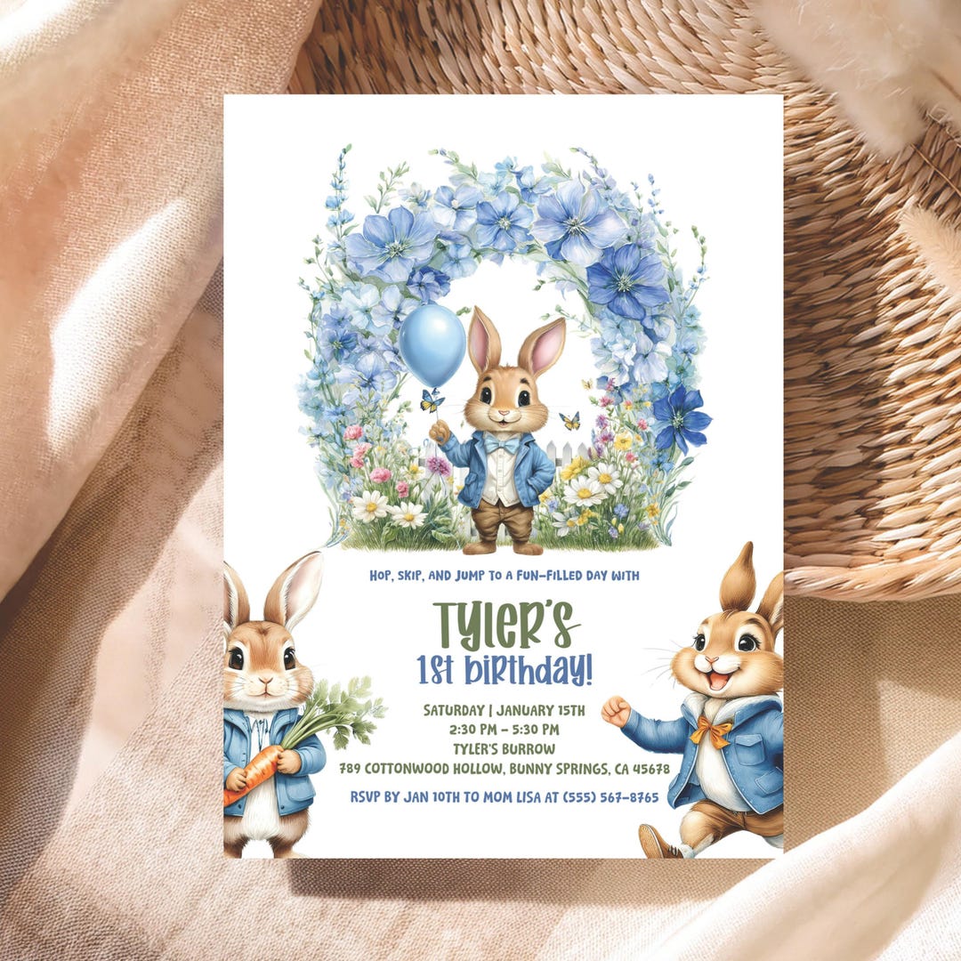 Editable Peter Rabbit Birthday Invitation, Bunny First Birthday, Peter ...