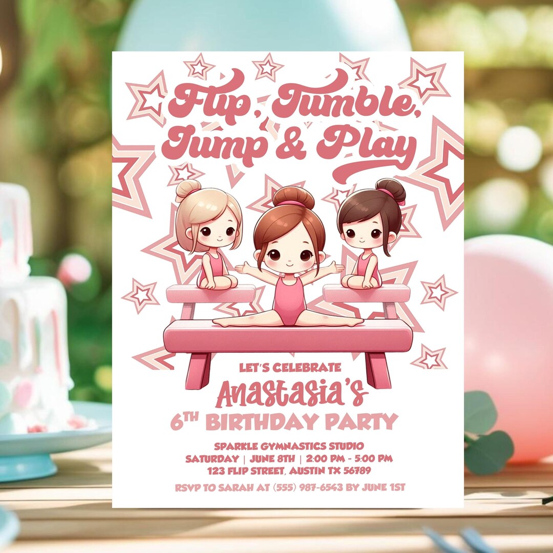 Editable Gymnastics Birthday Invitation Template, Gymnastics Kids ...