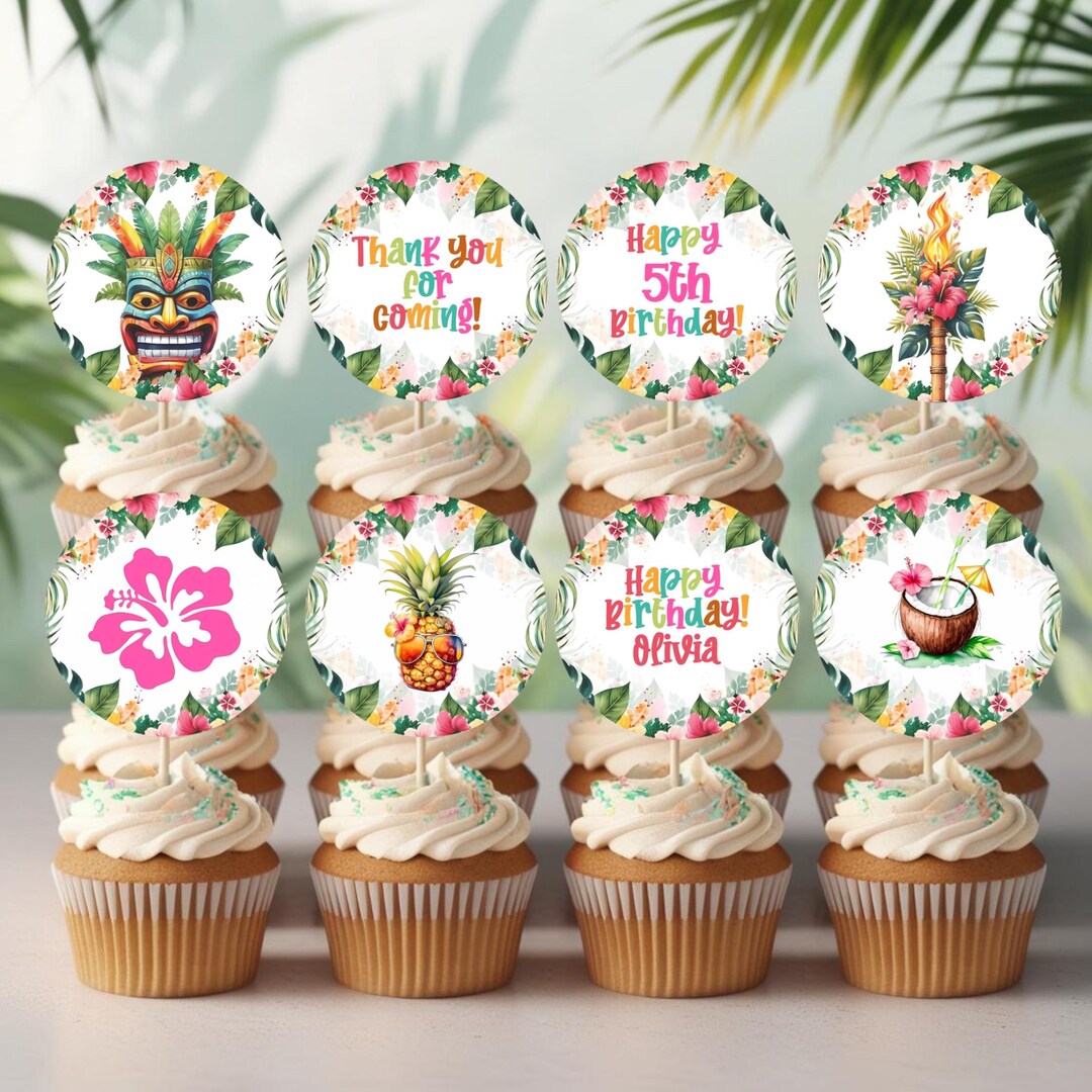 Aloha Luau Cupcake Toppers Printable, Girl Hawaiian Birthday Party ...