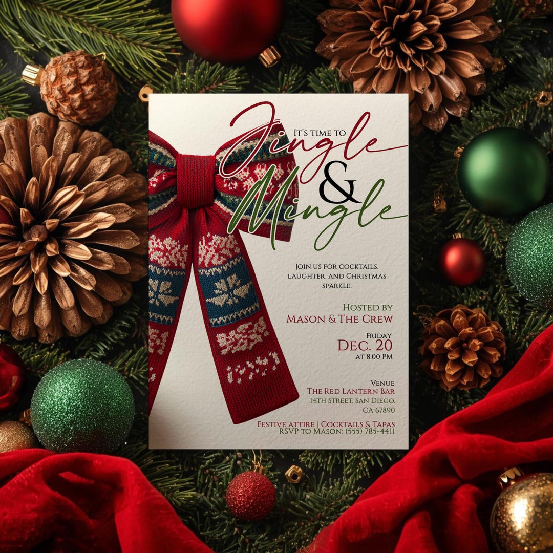 Printable Bow Christmas Party Invitation Template, Festive Christmas ...