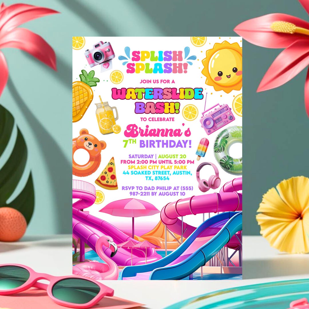 Editable Water Slide Birthday Invitation, Summer Pool Party Invite ...