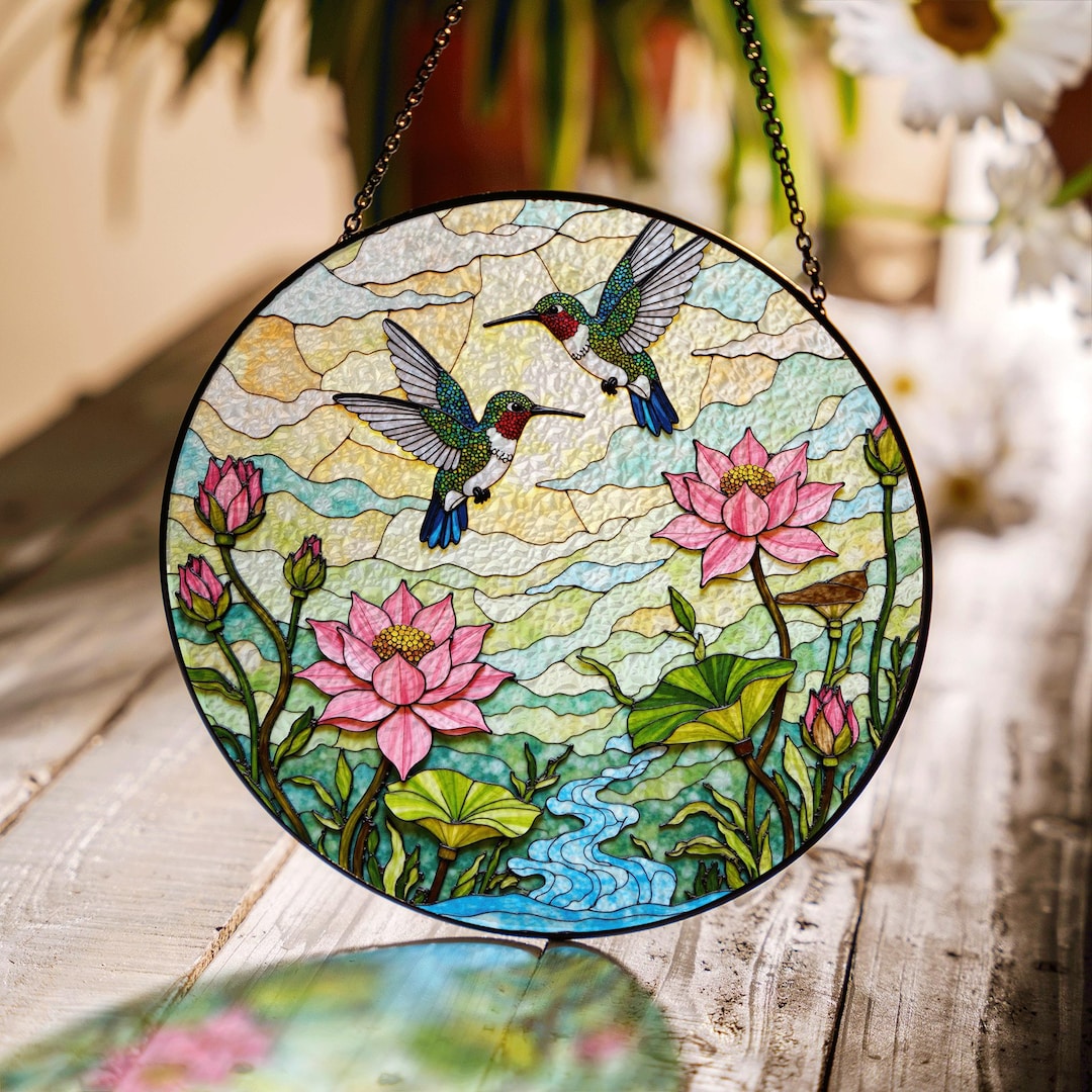 Hummingbirds and Lotus Glass Suncatcher Stained Glass Window Decor Gift ...