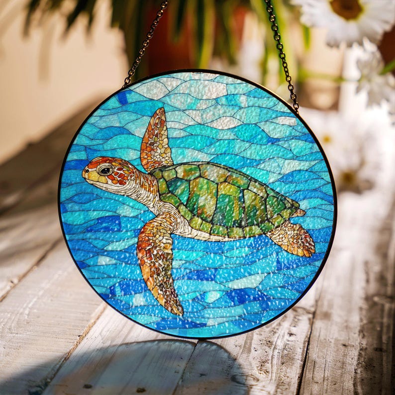 Sea Turtle Stained Glass Suncatcher Ocean Window Decor Gift for Nature ...