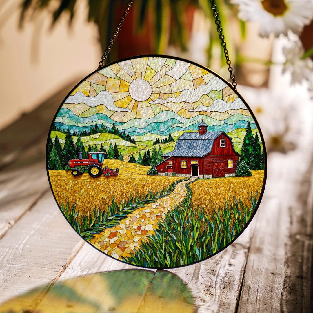 Red Barn Field Art Farm Scene Suncatcher Stained Glass Style Gift for ...