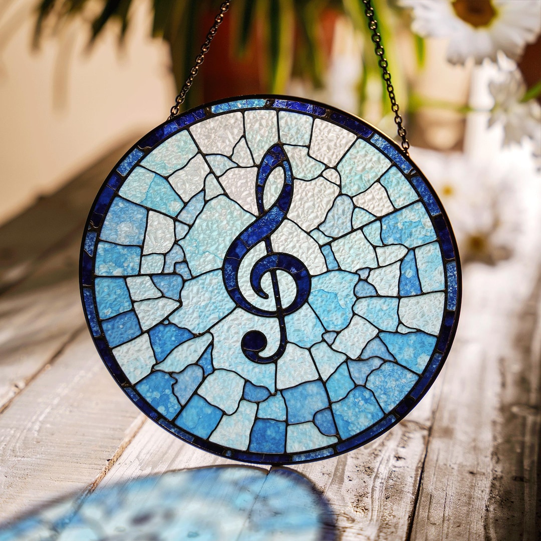 Blue Stained Glass Treble Clef Round Suncatcher Music Window Hanging ...