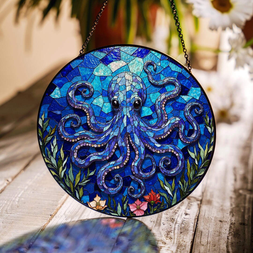 Mosaic Ocean Octopus Stained Glass Sea Creature Suncatcher for Marine ...